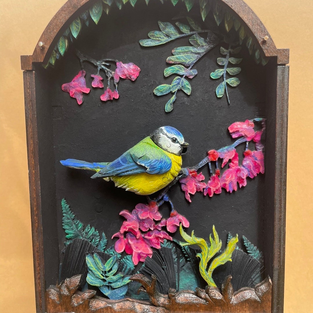 Blue Tit Automaton. Oil Painted Mechanical Bird, Kinetic Hand Carved ...