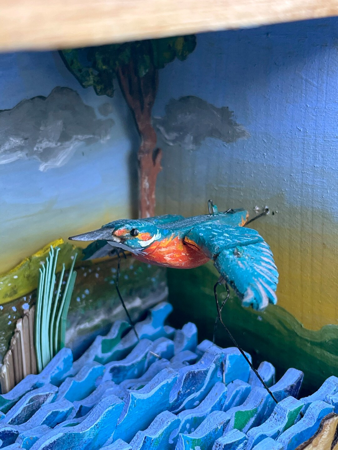 Kingfisher Automaton. Oil Painting and Bird Flying Over River Beside a ...