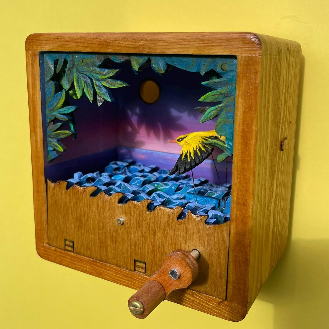 Golden Oriole Automaton. Oil Painting and Bird Flying Over a River ...