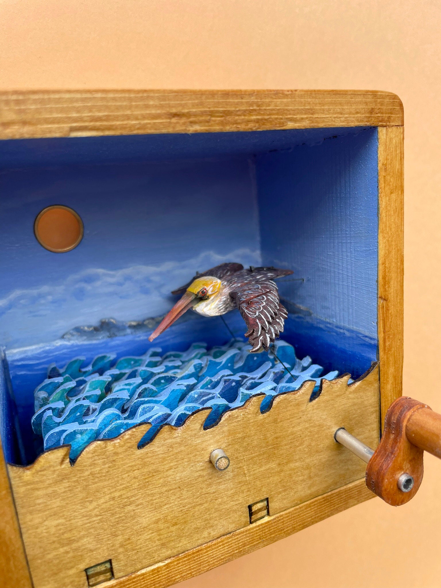Pelican Automata. Oil Painting and Bird Flying Over the Sea, Kinetic ...