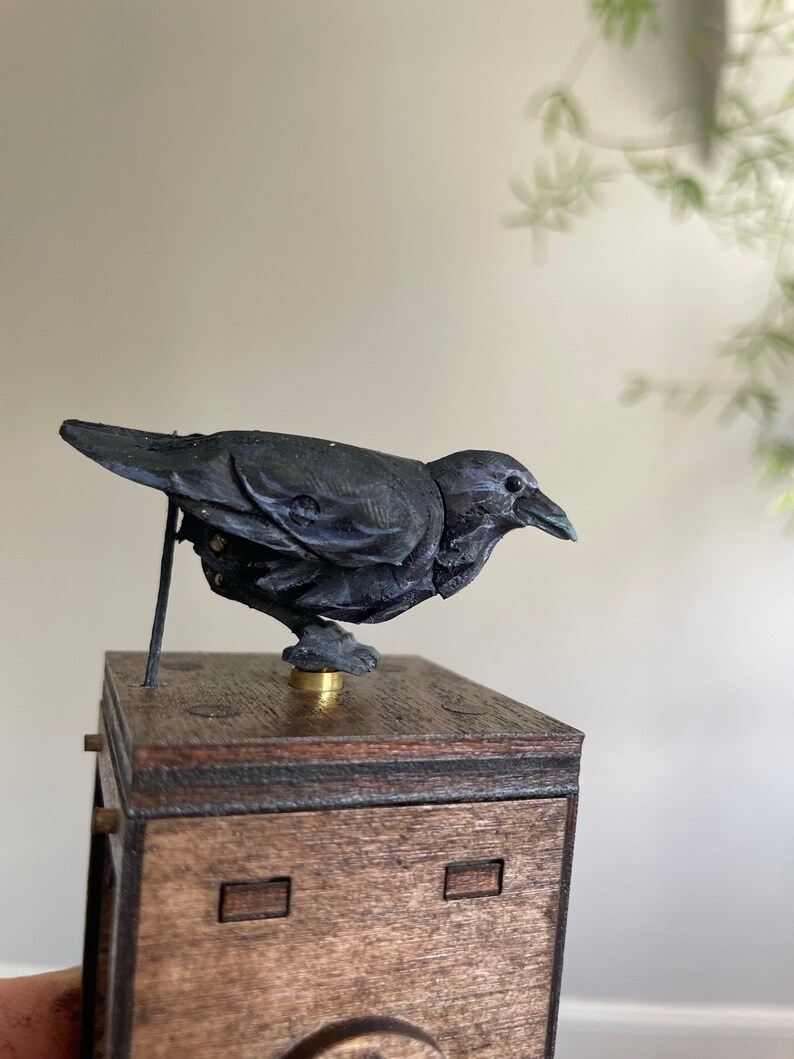 Bobbin Crow Automaton. Oil Painted Mechanical Bird, Kinetic Hand Carved ...
