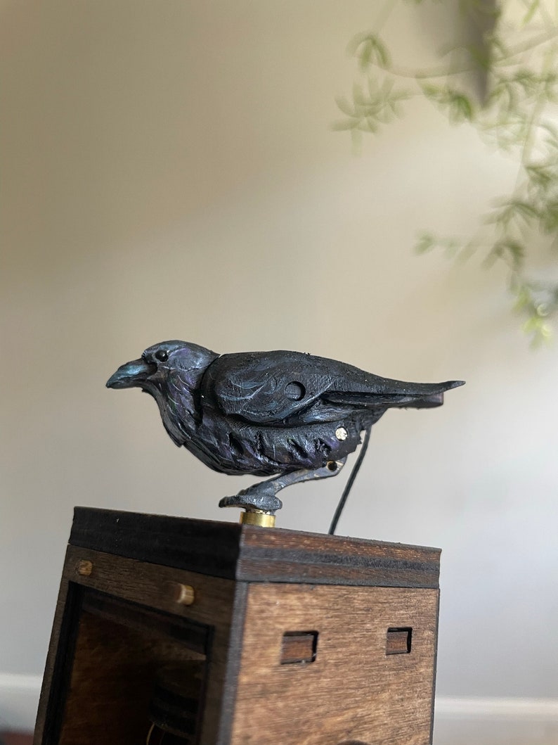 Bobbin Crow Automaton. Oil Painted Mechanical Bird, Kinetic Hand Carved ...