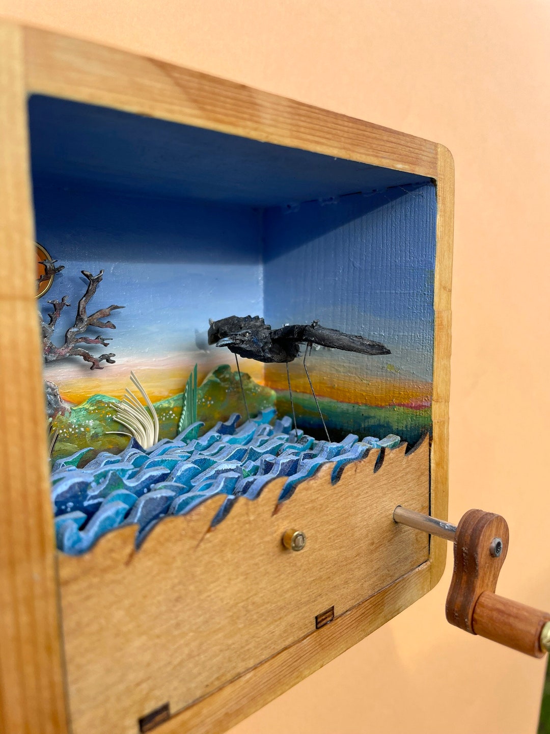 Crow Automata. Oil Painting and Bird Flying Over River on a Winter ...