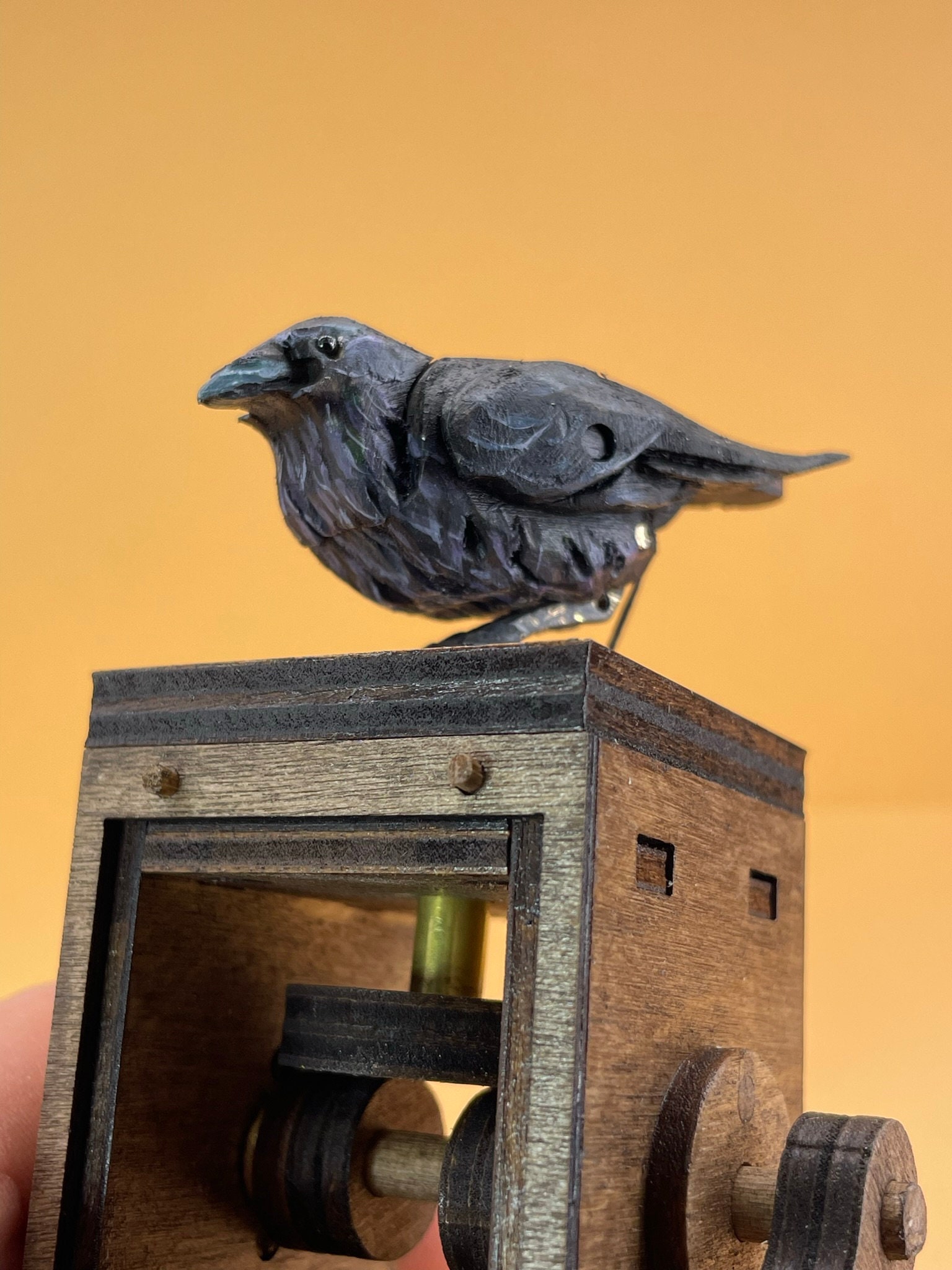 Bobbin Crow Automaton. Oil Painted Mechanical Bird, Kinetic Hand Carved ...