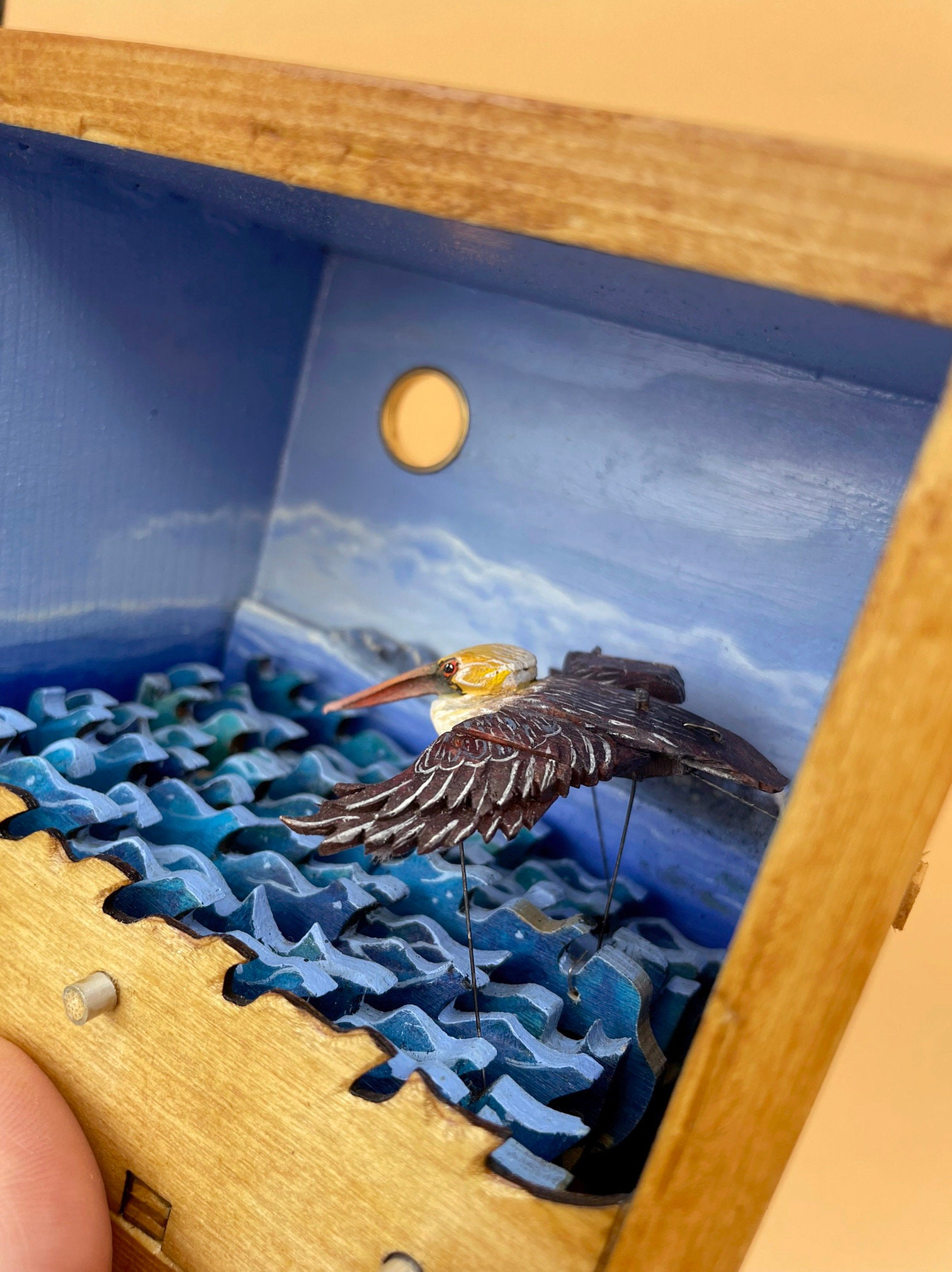 Pelican Automata. Oil Painting and Bird Flying Over the Sea, Kinetic ...