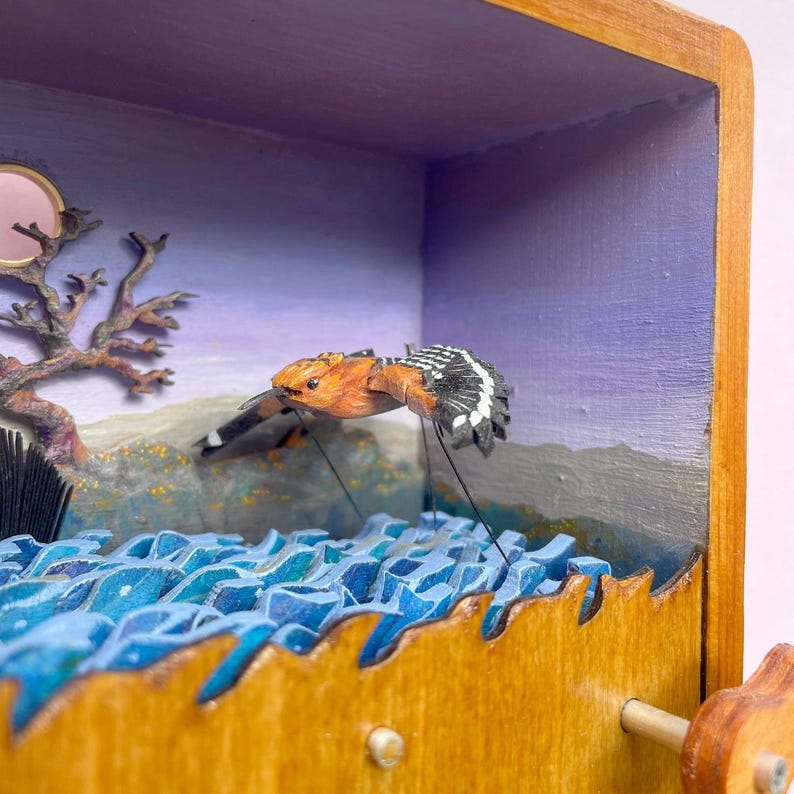 Hoopoe Automaton. Oil Painting and Bird Flying Over a River, Kinetic ...