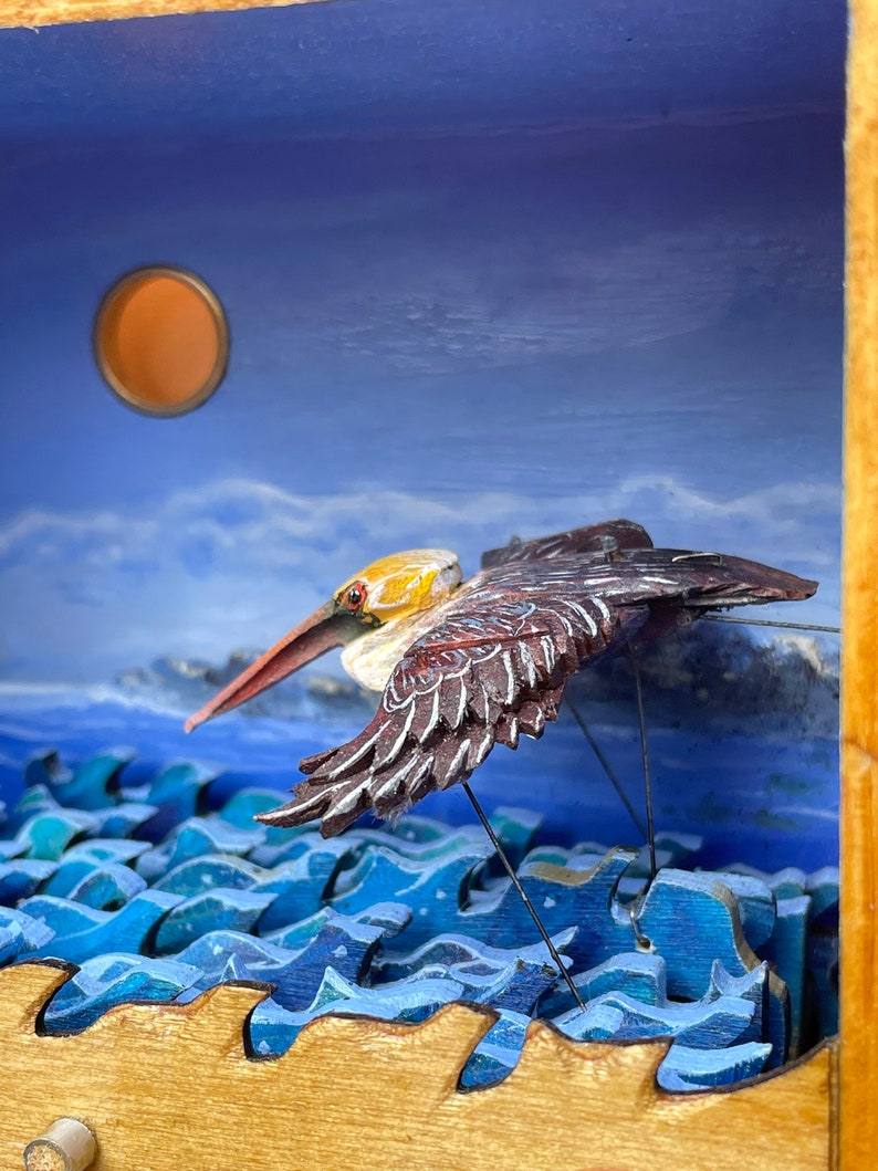 Pelican Automata. Oil Painting and Bird Flying Over the Sea, Kinetic ...