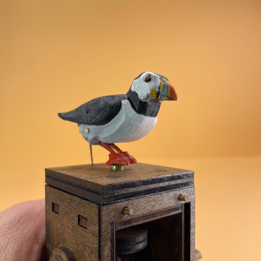 Bobbin Puffin Automaton. Oil Painted Mechanical Bird, Kinetic Hand ...