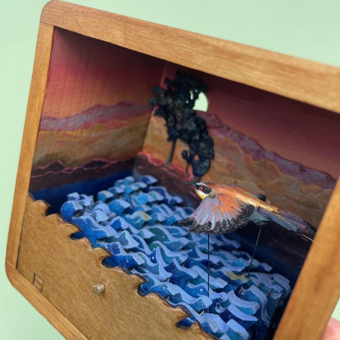 Bee Eater Automaton. Oil Painting and Bird Flying Over a River, Kinetic ...