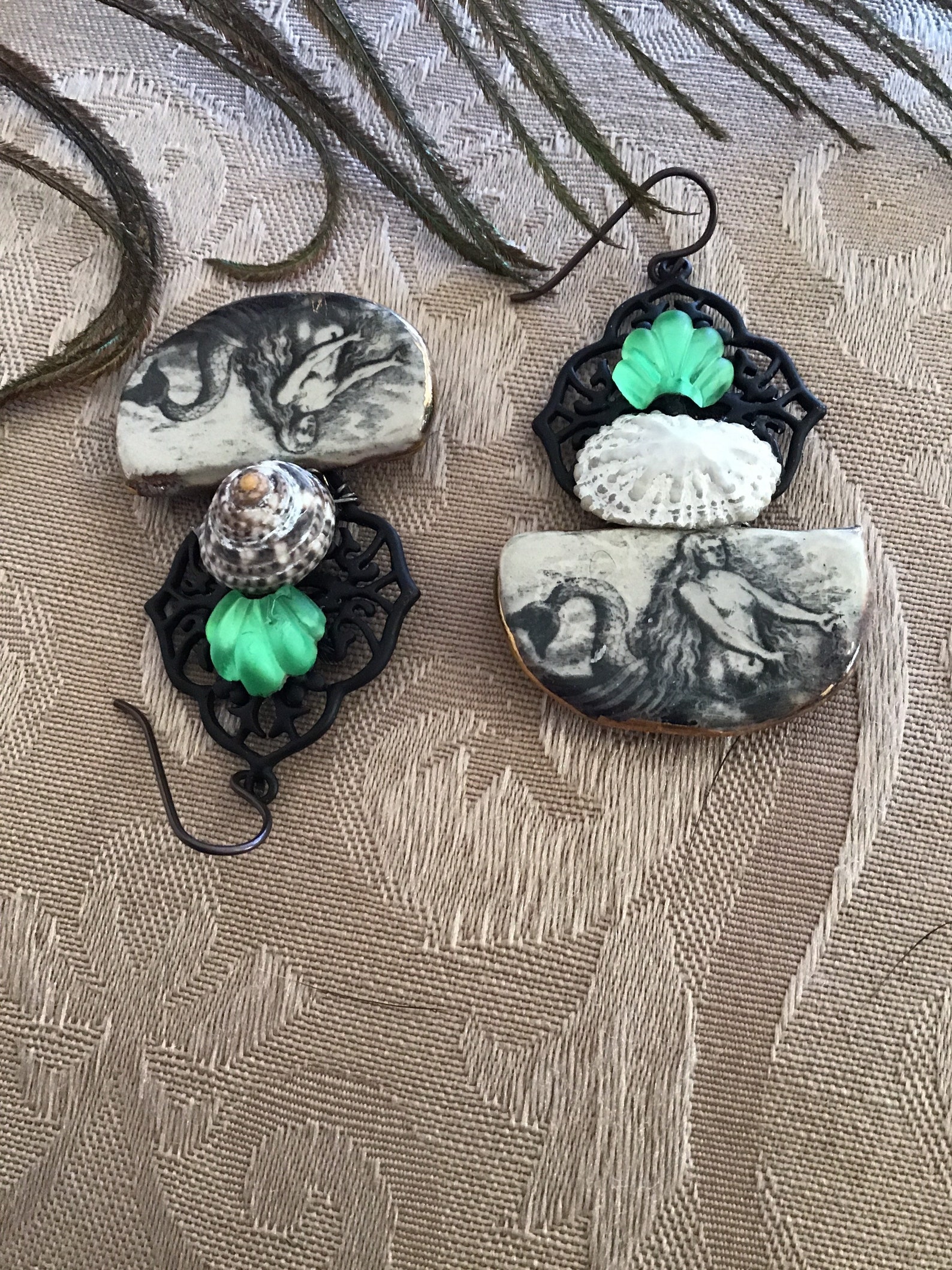 Mermaid and Real Sea Shells, Artisan Ceramic, Vintage Green Glass Art ...