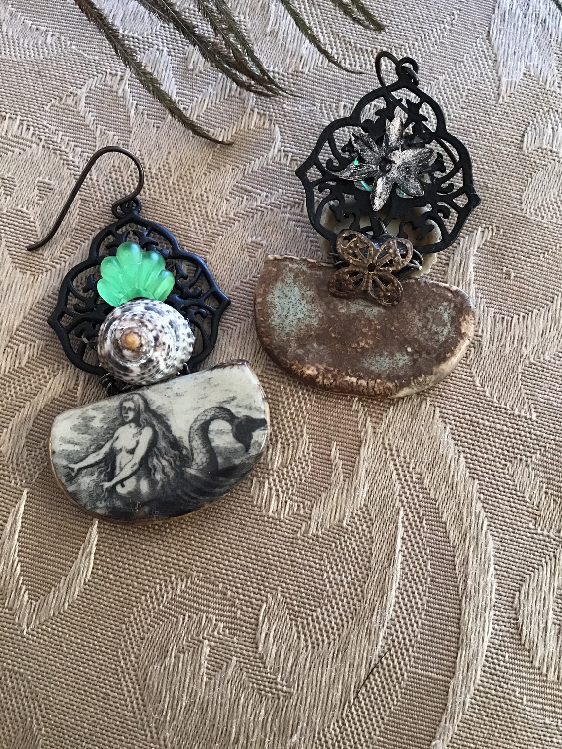 Mermaid and Real Sea Shells, Artisan Ceramic, Vintage Green Glass Art ...