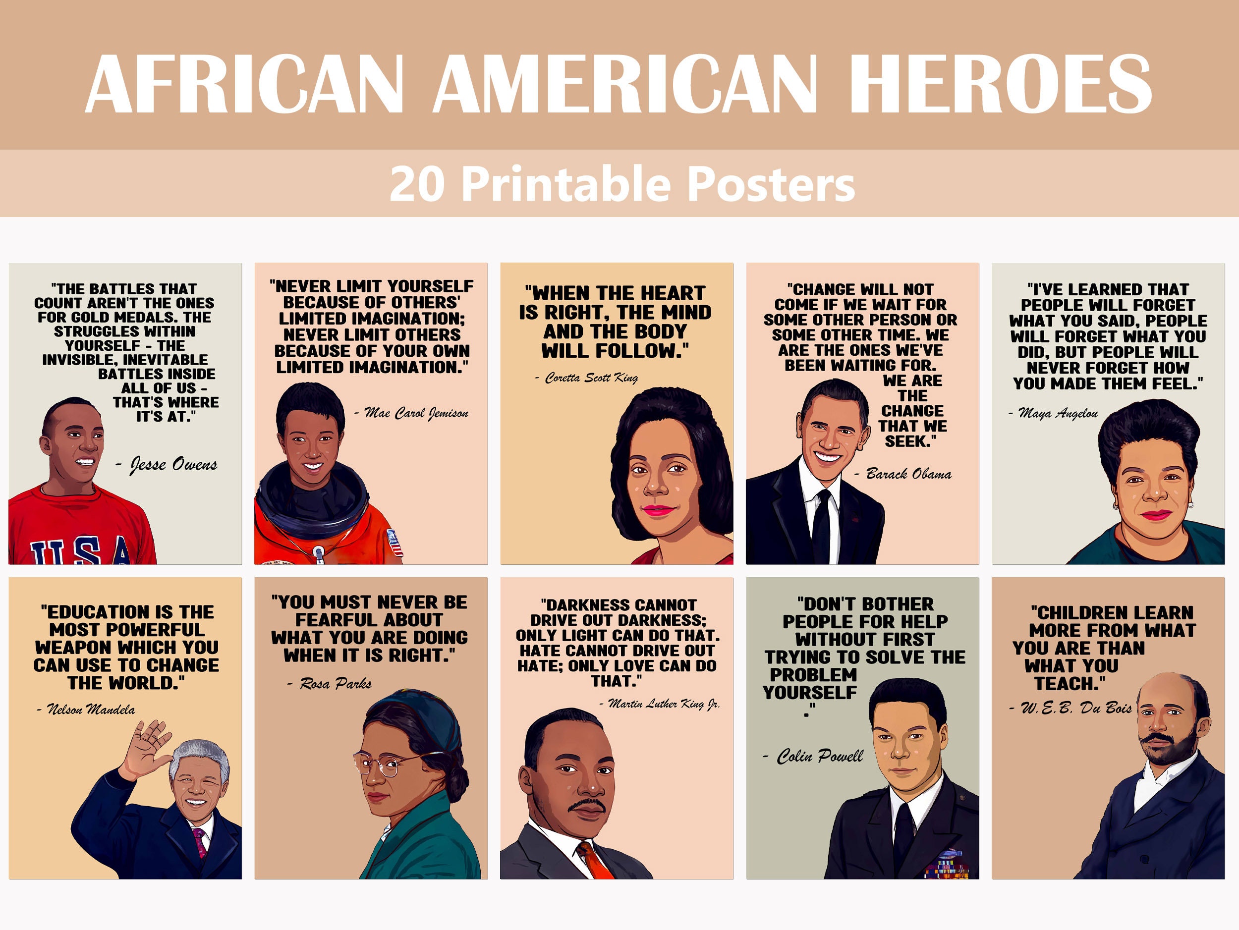 African American Heroes, Black History Month, 20 Printable Posters ...