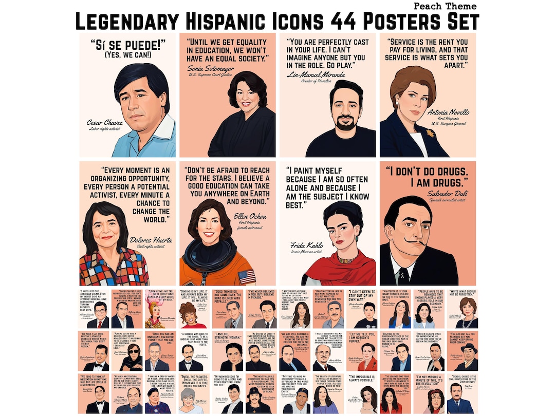 Legendary Hispanic Icons 44 Posters Set, Peach Theme, National Hispanic ...