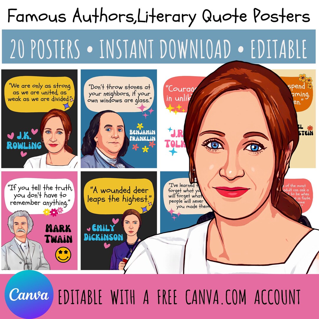Famous Authors, 20 Literary Quote Posters, Groovy Decor, Editable ...