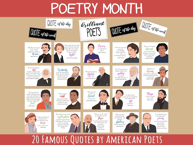 National Poetry Month Bulletin Board, 20 American Poets, Famous Quotes ...