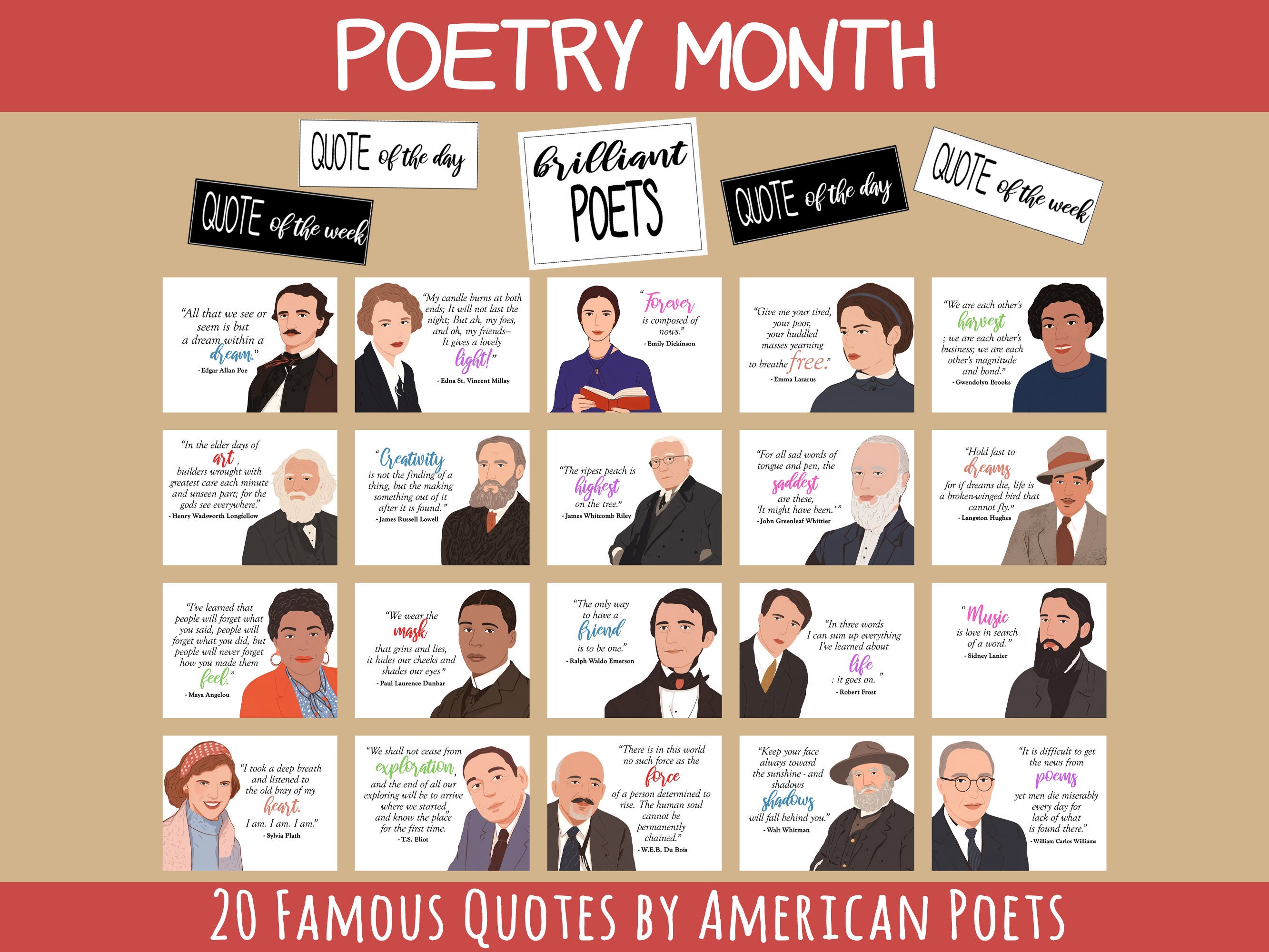 National Poetry Month Bulletin Board, 20 American Poets, Famous Quotes ...