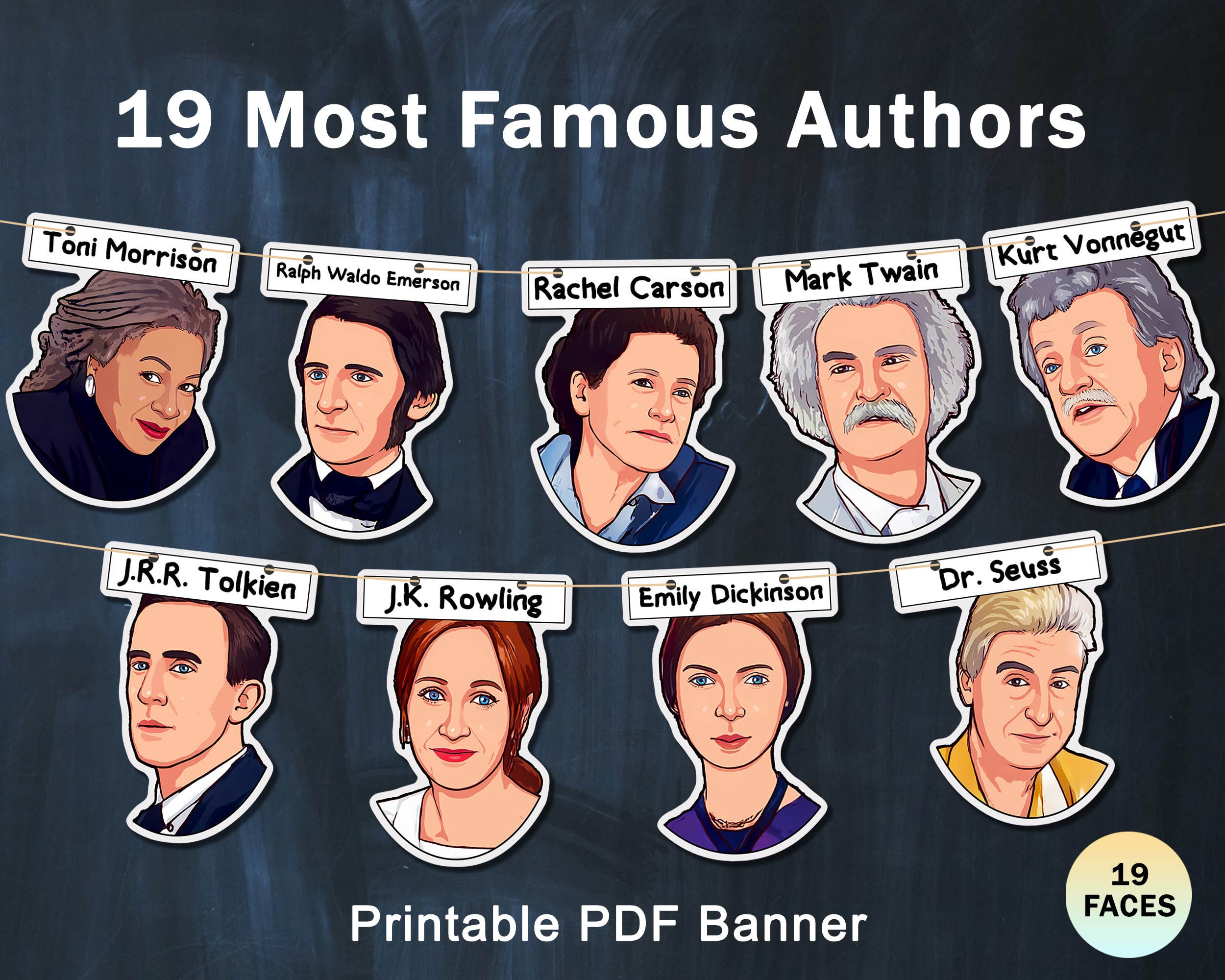 19 Faces,famous Authors,printable PDF Banner,classroom Decor,garland ...