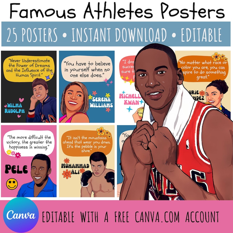 Famous Athletes Posters 25 Printable Posters, Groovy Decor, Editable ...