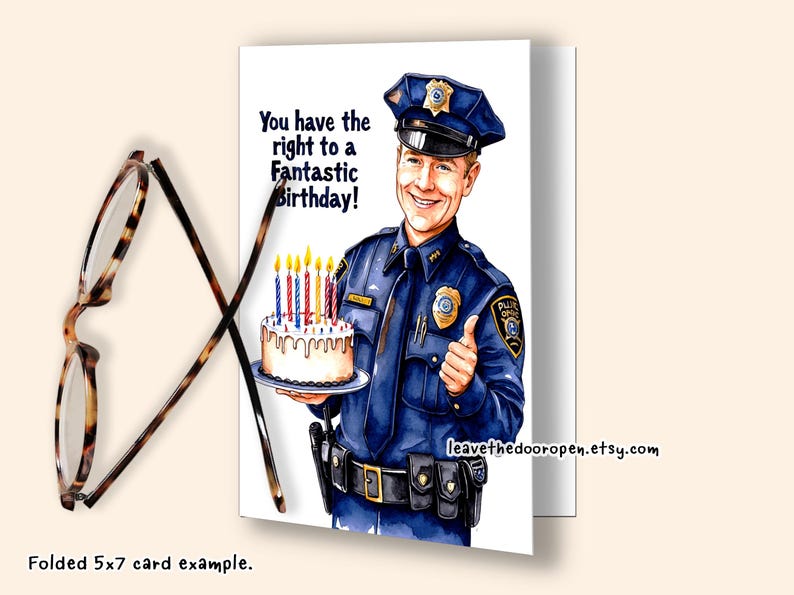Police Officer Birthday Card With Badge and Cake Digital Download for ...