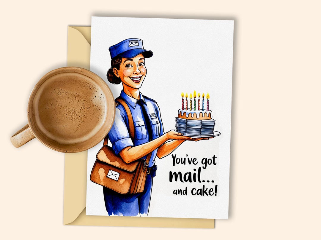 Mail Carrier Birthday Card – Watercolor Cake, Postal Theme (digital ...