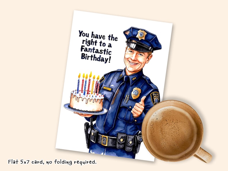 Police Officer Birthday Card With Badge and Cake Digital Download for ...
