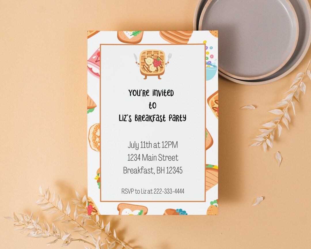 Digital Editable Breakfast Party Invitation, Canva Breakfast Cartoon ...