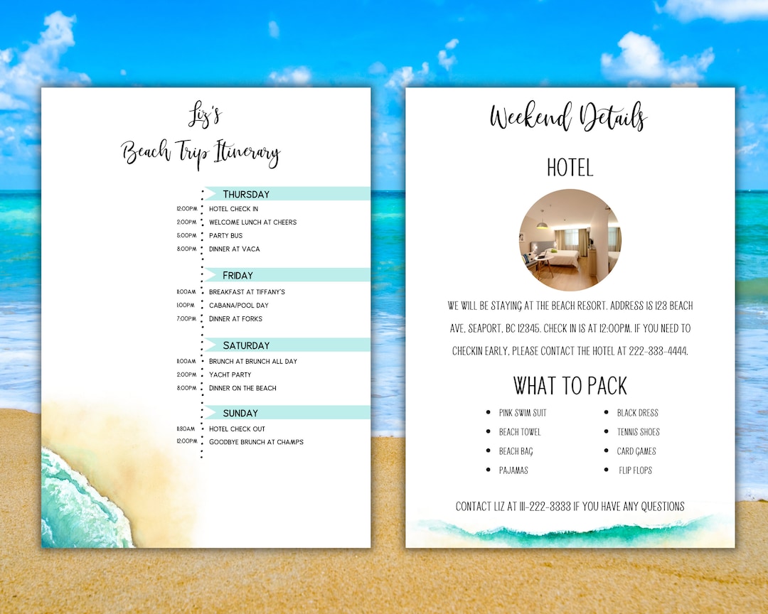 Digital Beach Trip Itinerary Canva Template | Bachelorette | Birthday ...