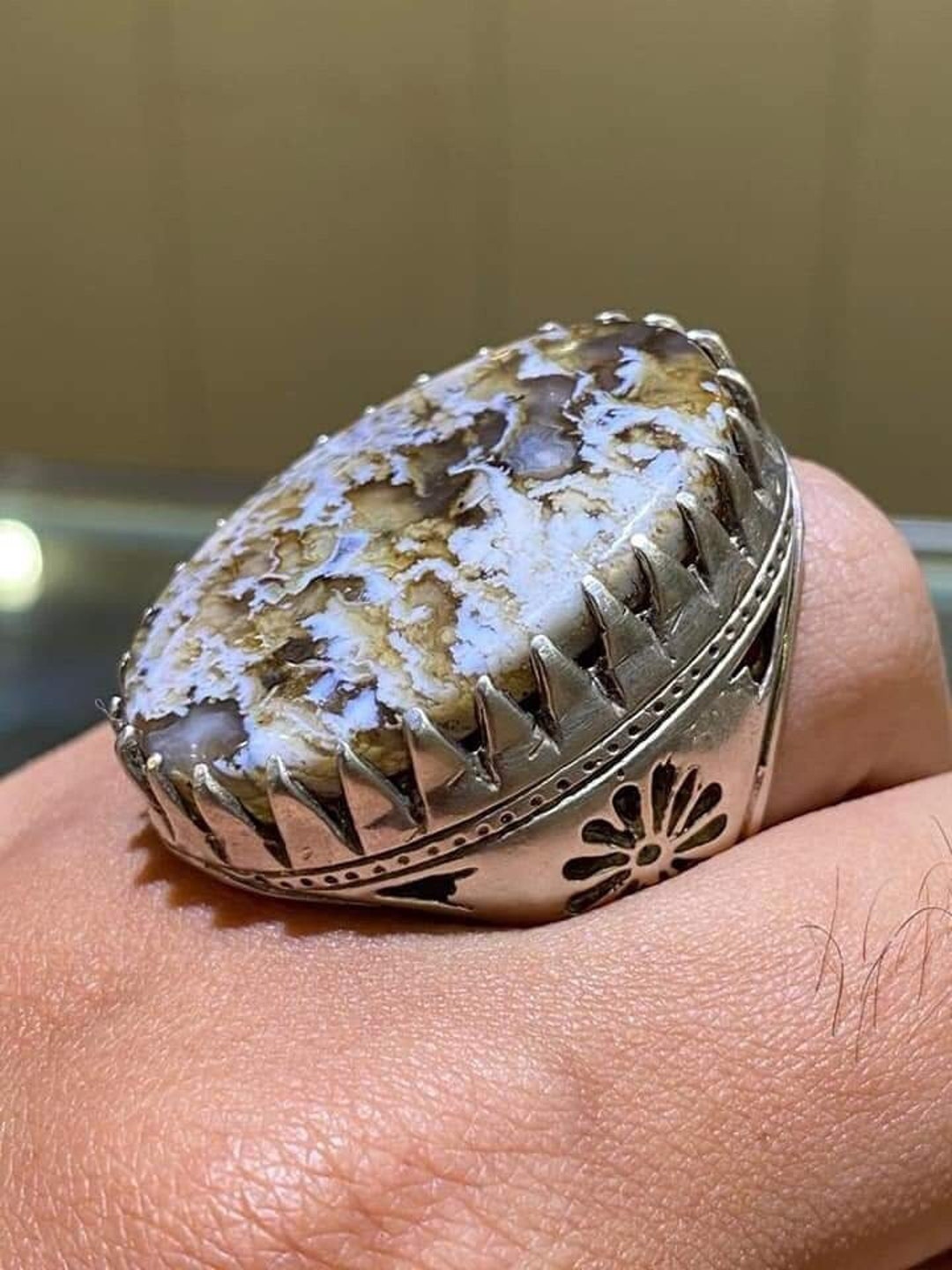 Natural Shajri Flower Agate Ring, Aqeeq Ring, Akik Ring, Handmade 925k ...