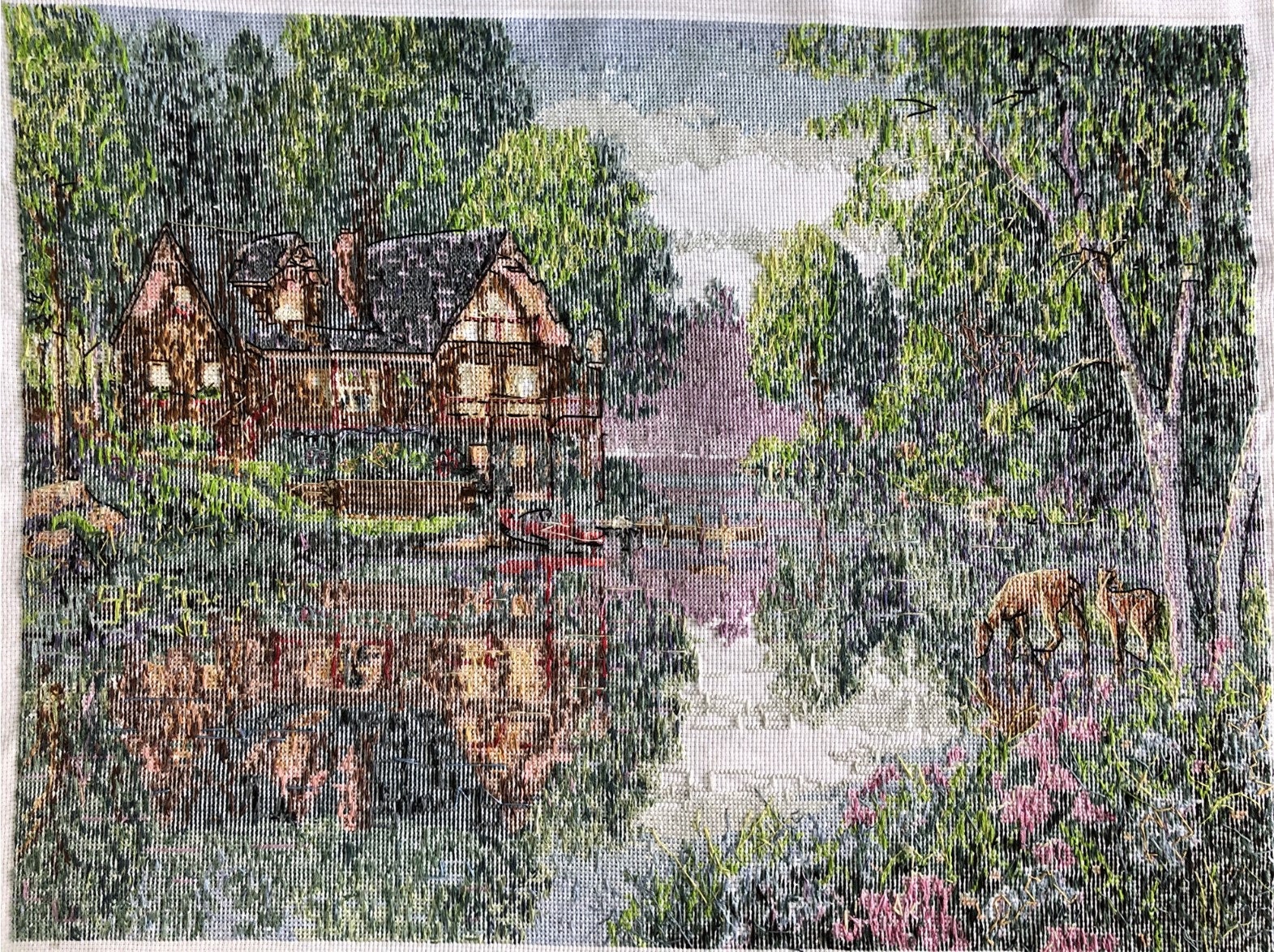 Completed Cross Stitch Embroidery Sunset Countryside Lake River Scenery ...