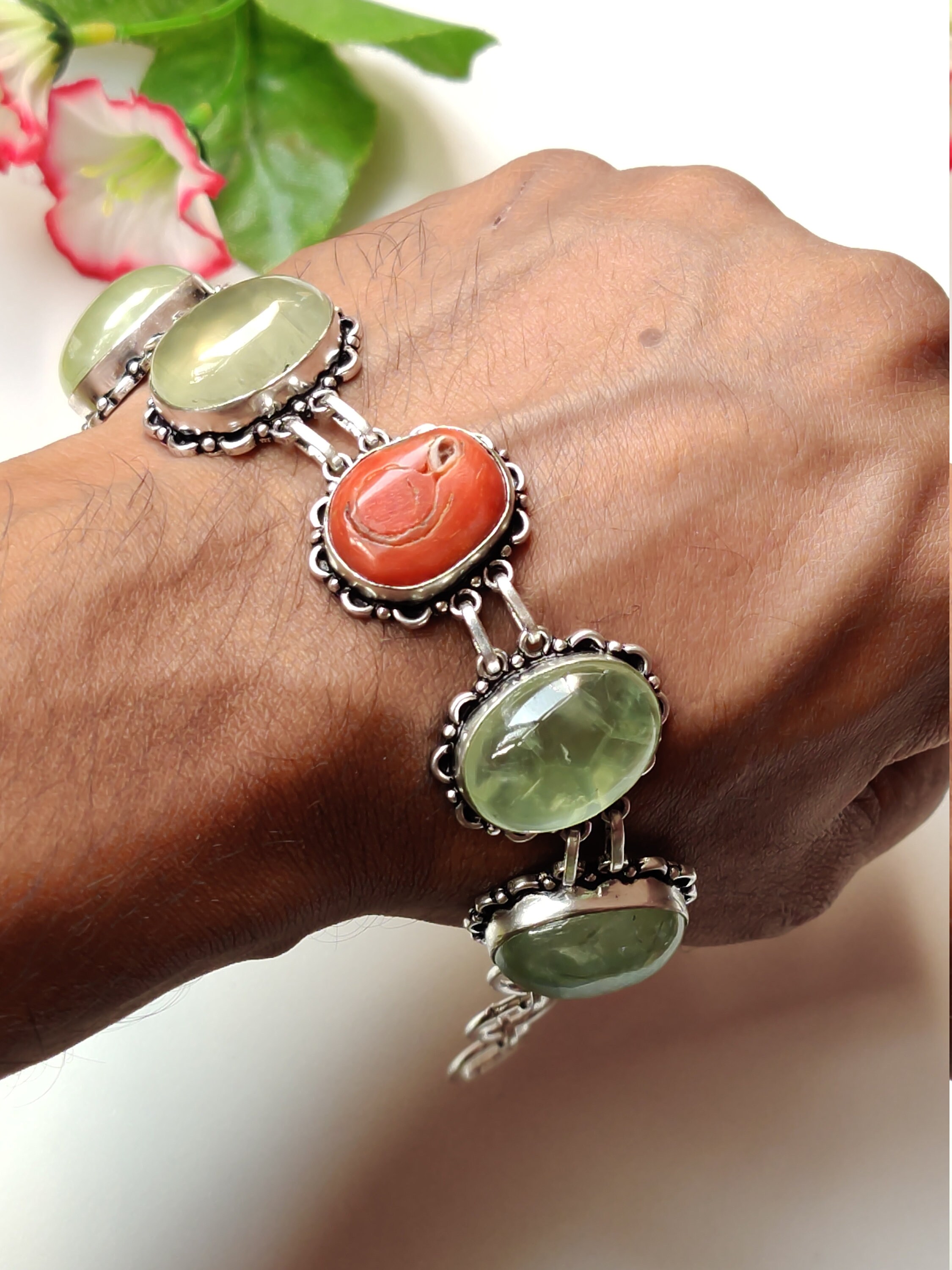 Vintage Jewelry-Prehnite Bracelet-Prehnite And Red Coral Stone | Etsy