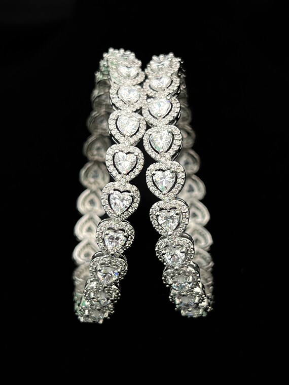 Heart Shape Diamond Silver Plated Bangle CZ Bangle Set White - Etsy