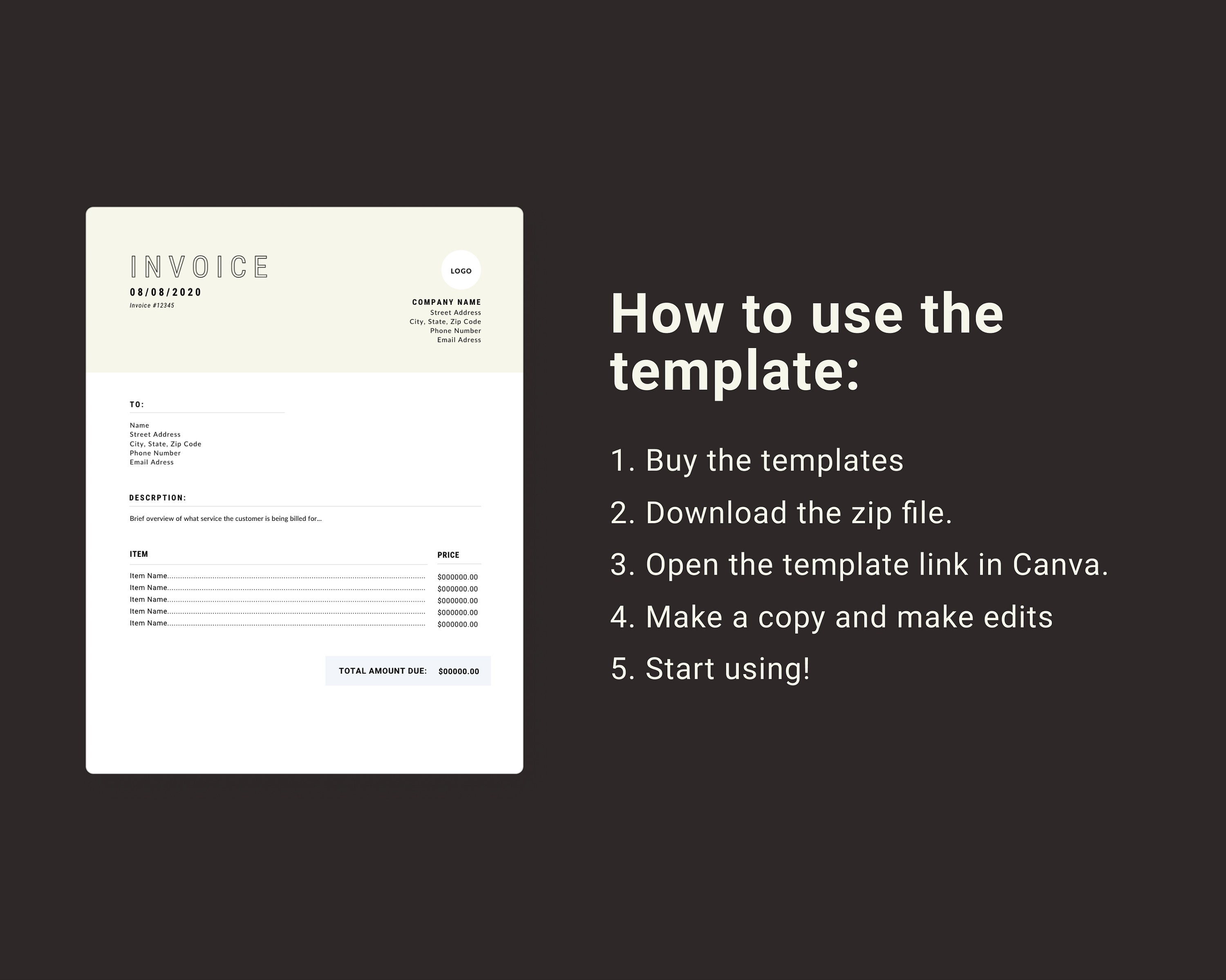 Printable Invoice Standard Template Editable in Canva Minimal Classy ...