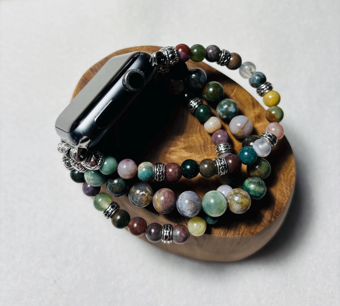 Indian Agate Beads Women’s Apple Watch Band Multi Strand Stretchy 6mm ...