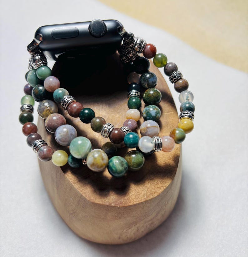 Indian Agate Beads Women’s Apple Watch Band Multi Strand Stretchy 6mm ...