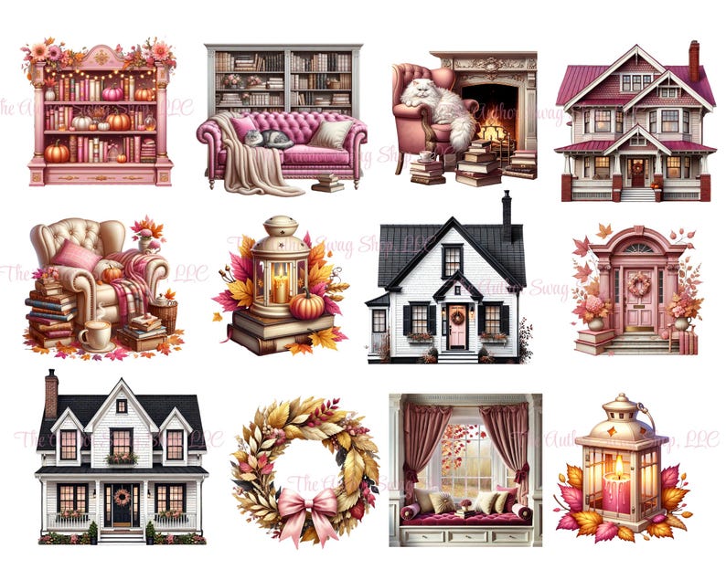 Pink Fall Bookish Clipart Bundle, Cozy Autumn PNG Stickers (digital ...