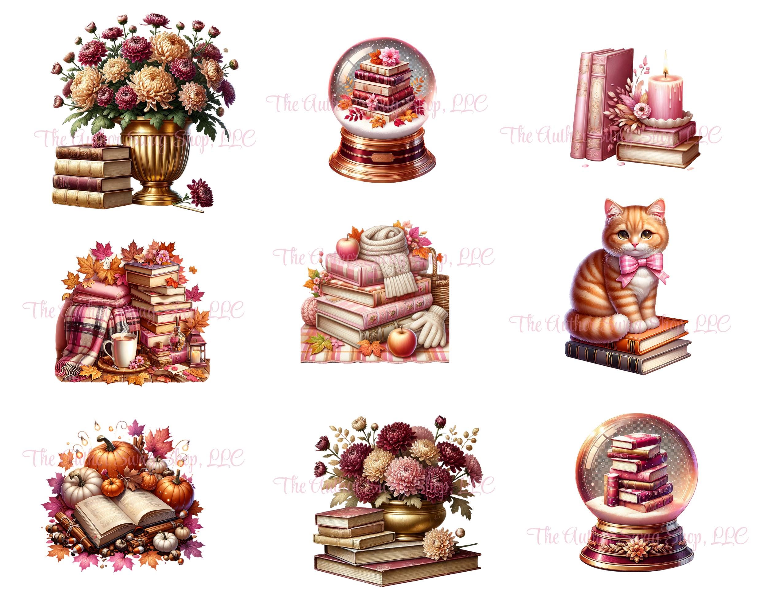 Pink Fall Bookish Clipart Bundle, Cozy Autumn PNG Stickers (digital ...