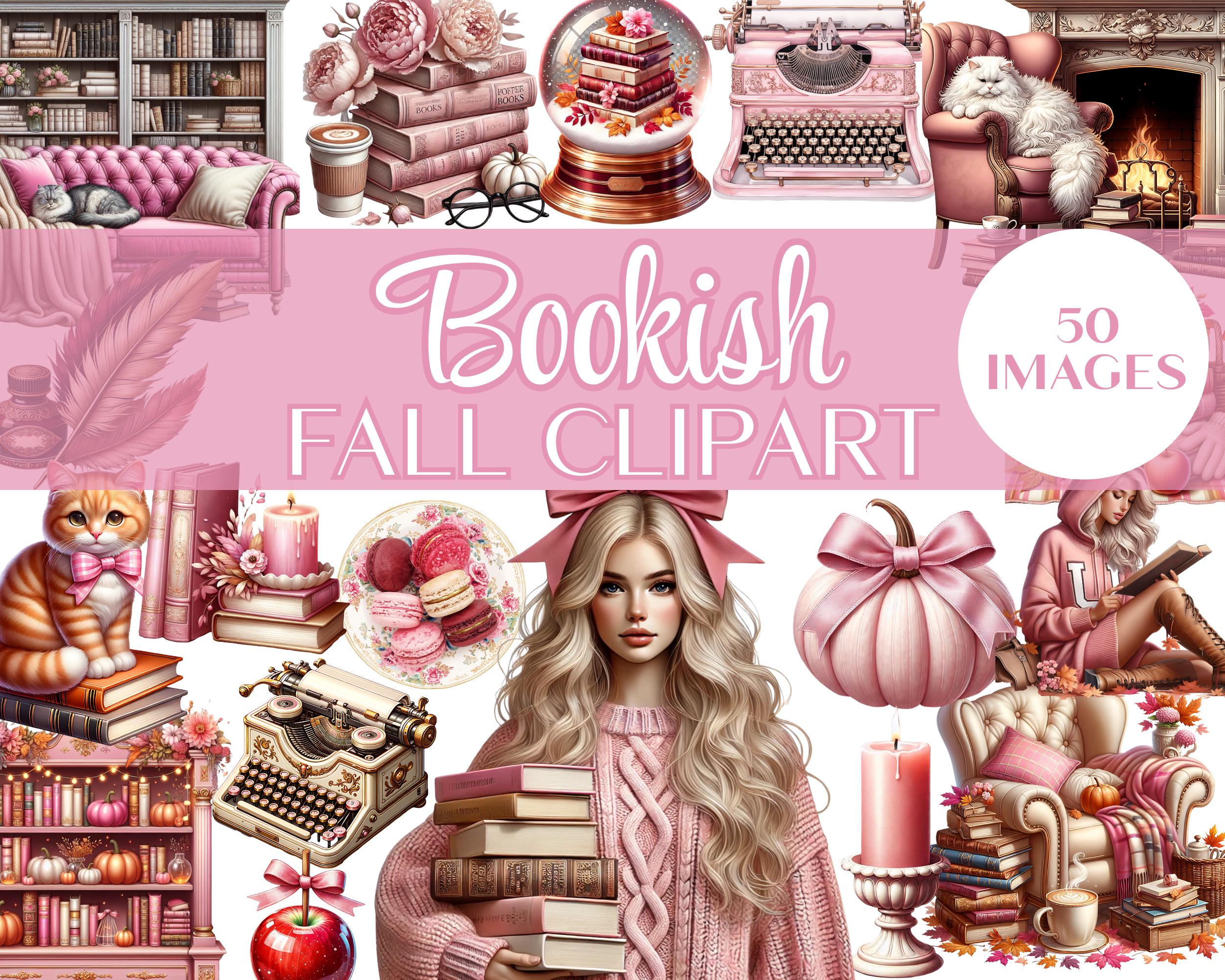 Pink Fall Bookish Clipart Bundle, Cozy Autumn PNG Stickers (digital ...