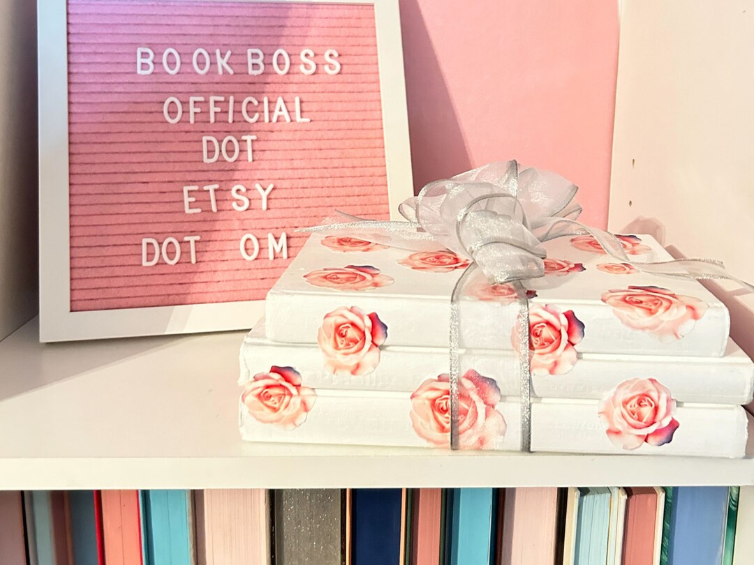 White Book Stack, Decorative Books, Shabby Chic Decor, Floral Book ...