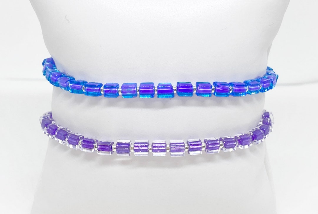 Mini Square Glass Bead Bracelet, Blue, Purple, Bracelet, Beaded Accent ...