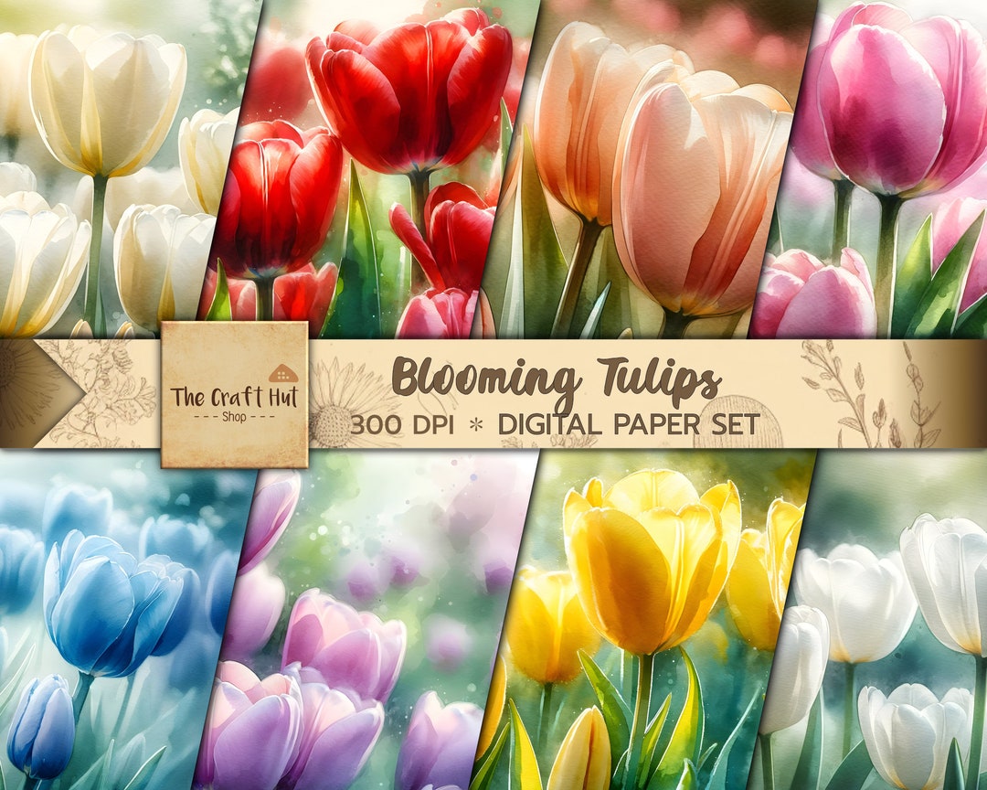 Tulips Digital Paper, Watercolor Blooming Tulip Flower, Printable ...