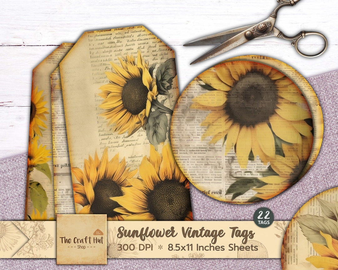 Sunflower Tags, Sunflower Vintage Tags, Junk Journal Tags, Fussy Cuts ...