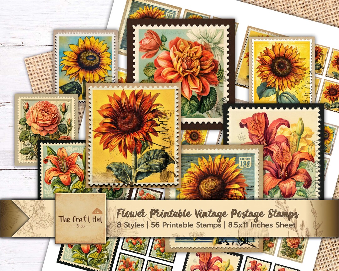 Sunflower-rose-lily Stamps, Printable Vintage Postage Stamps, Junk ...