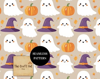 Cute Ghosts, Pumpkins, Witch Hats Seamless Pattern for Halloween ...