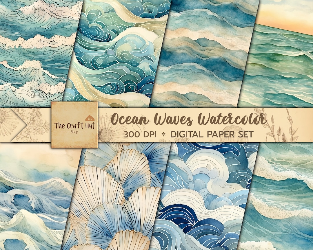 Ocean Waves Watercolor Paper, Ocean Waves Asian Style Digital Paper ...