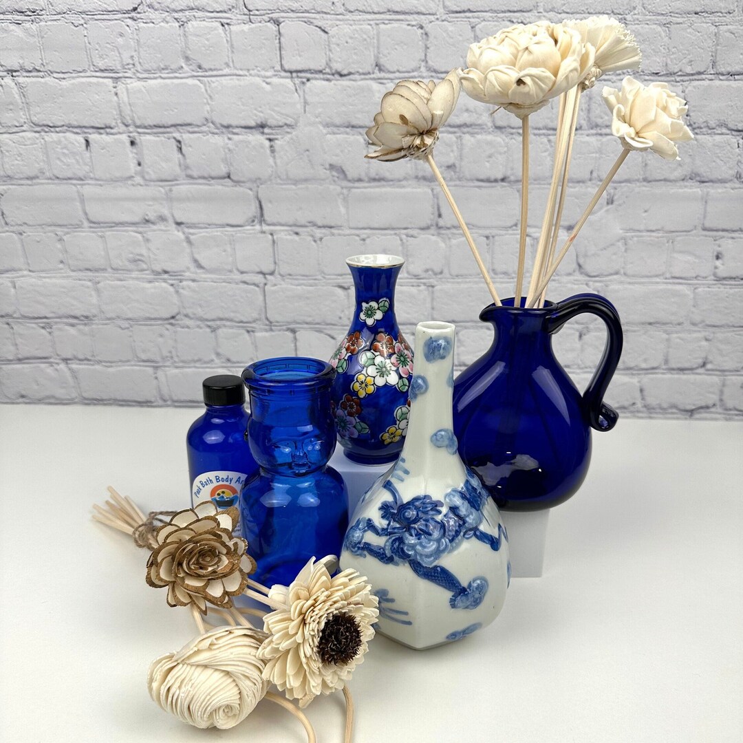 Reed Diffuser Vintage Blue Glass Ceramic Porcelain Container, Refill ...
