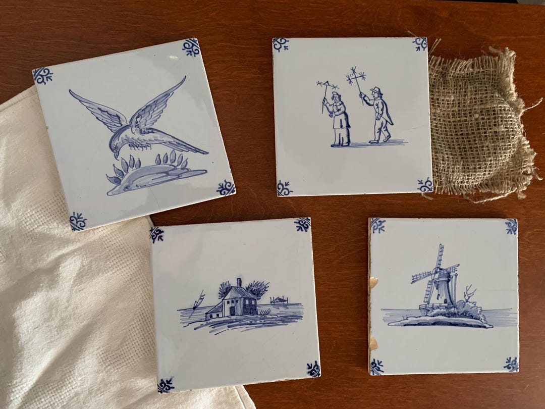 Set of 4 Antique Hand-painted Delft Tiles – Authentic Dutch Ceramic Art ...