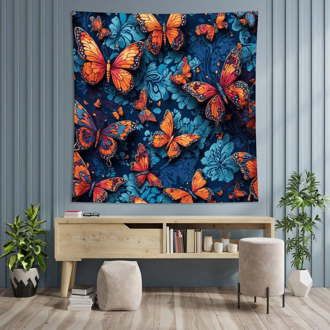 3D Butterfly Tapestry, Botanical Wildflower Tapestry, Wall Hanging ...