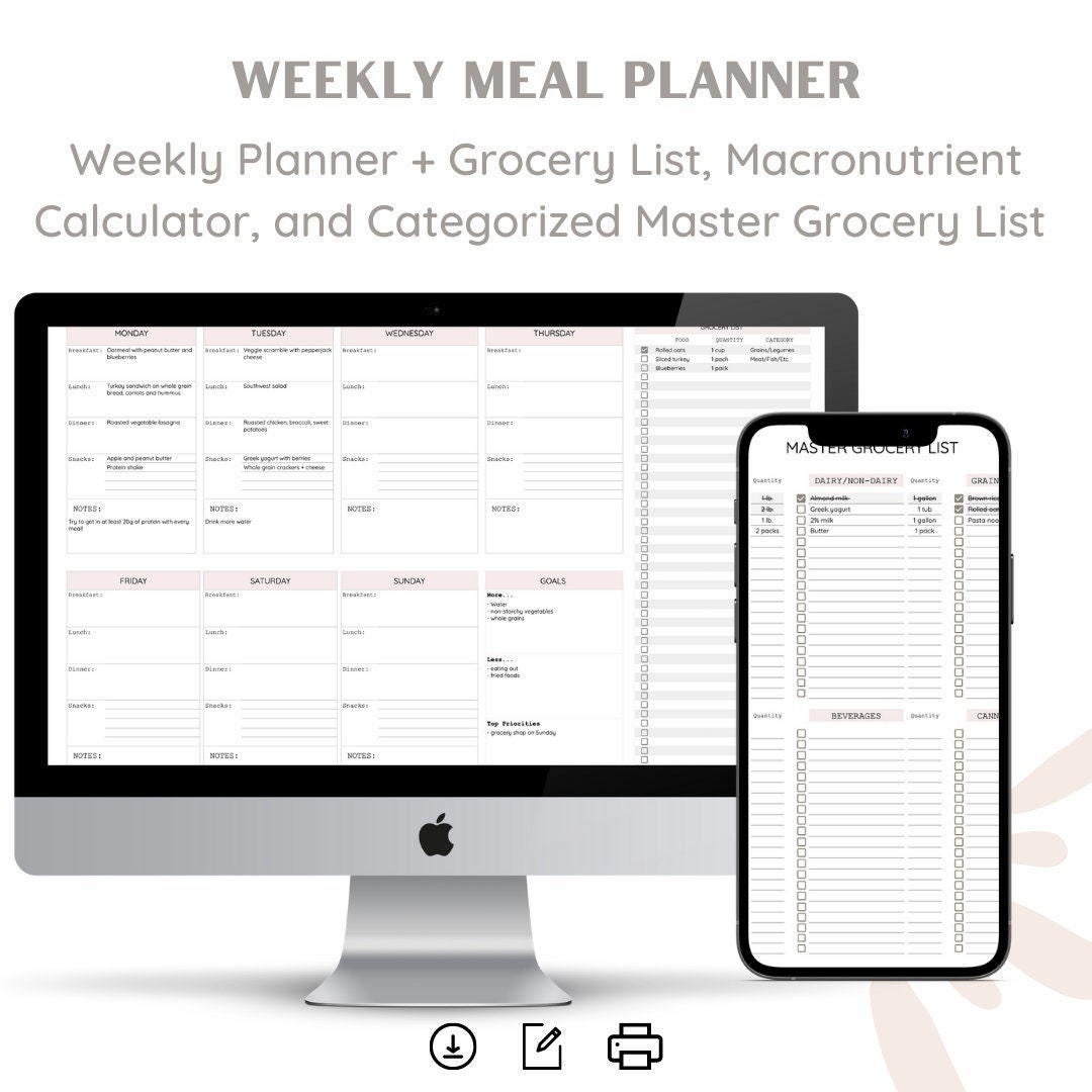 Digital Weekly Meal Planner, Grocery List, and Macronutrient Calculator ...