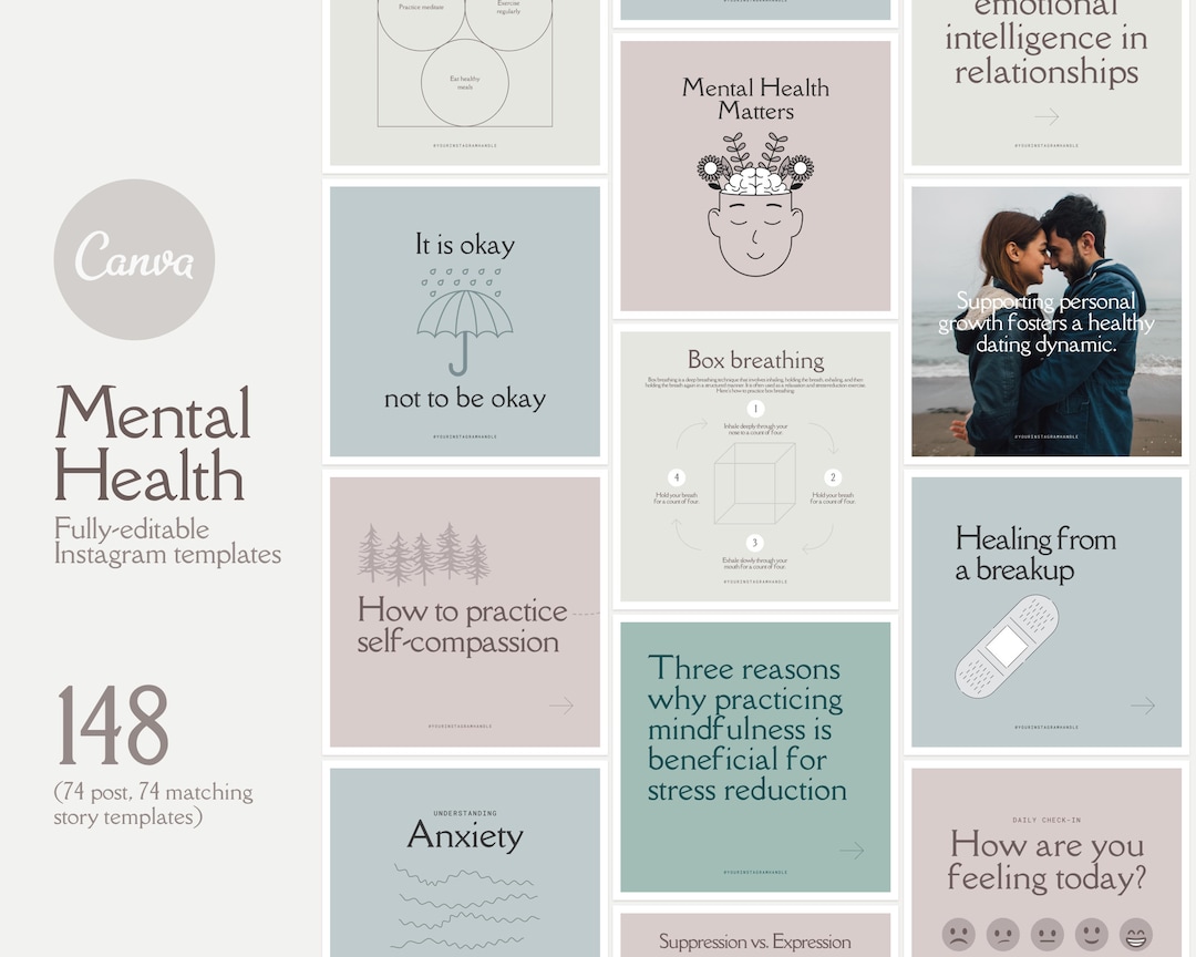 Mental Health Canva Instagram Template Bundle for Therapist, Counselor ...