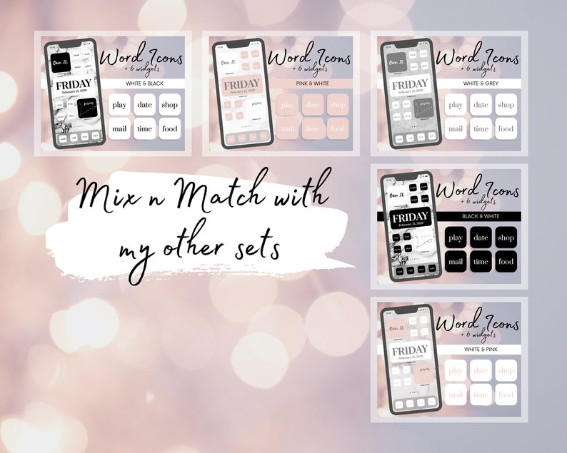 24pk Pink With Grey Word App Icons + 6 Widget Images, All Colour ...